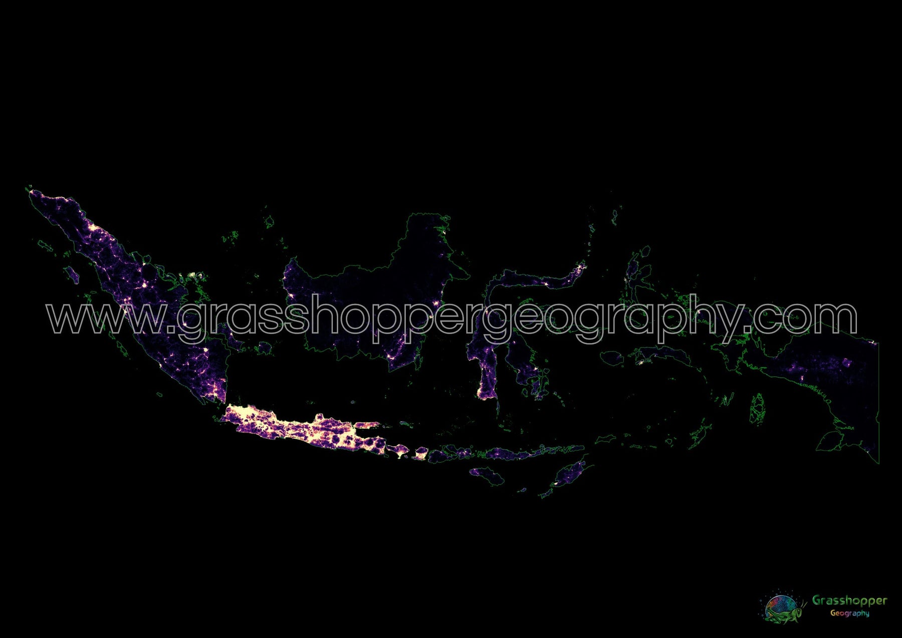 Indonesia - Population density heatmap - Fine Art Print – Grasshopper ...