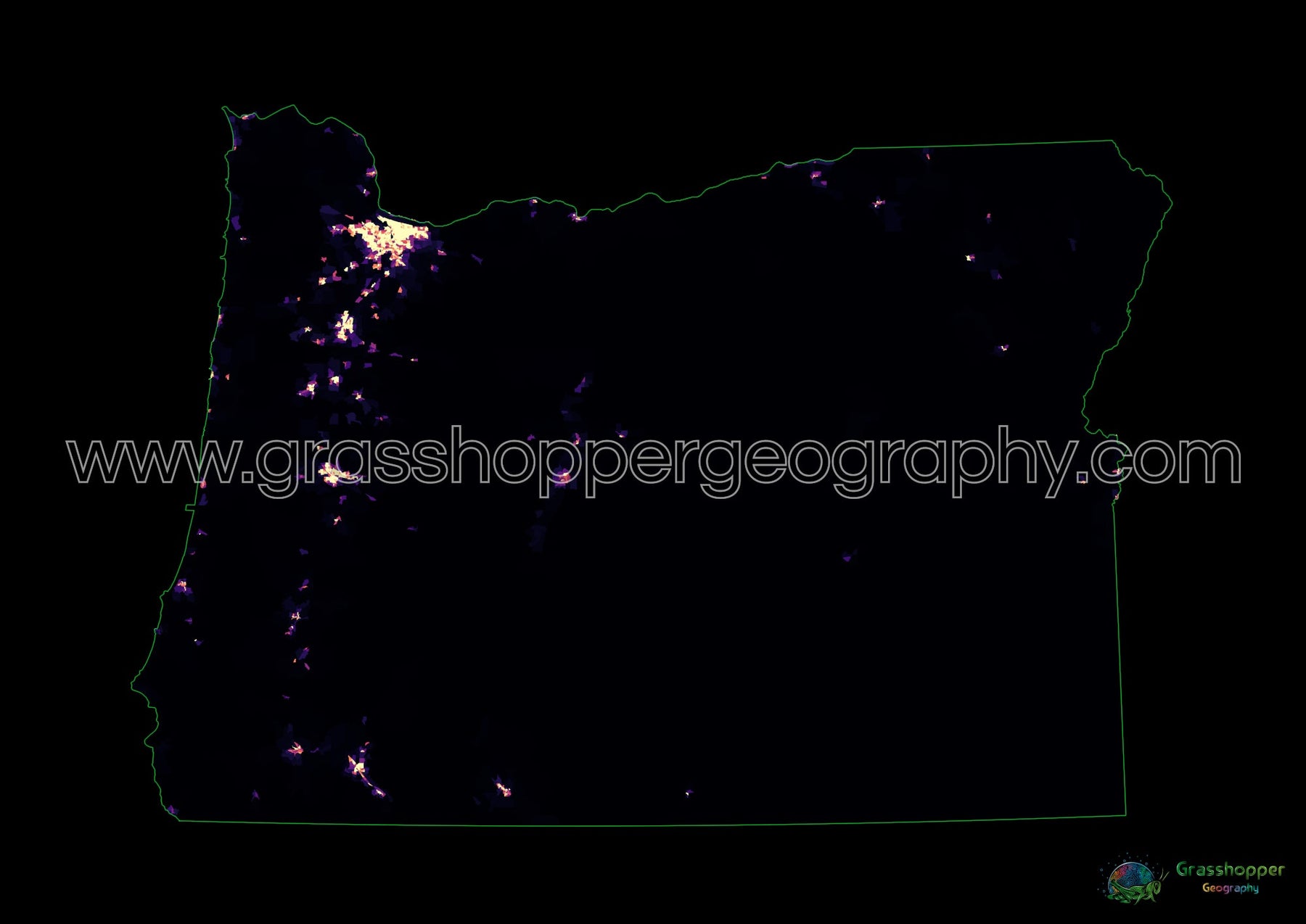 Oregon - Population density heatmap - Fine Art Print – Grasshopper ...