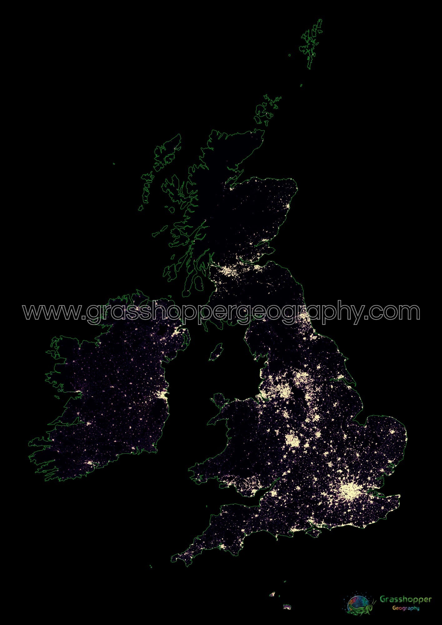 The British Isles - Population density heatmap - Fine Art Print ...