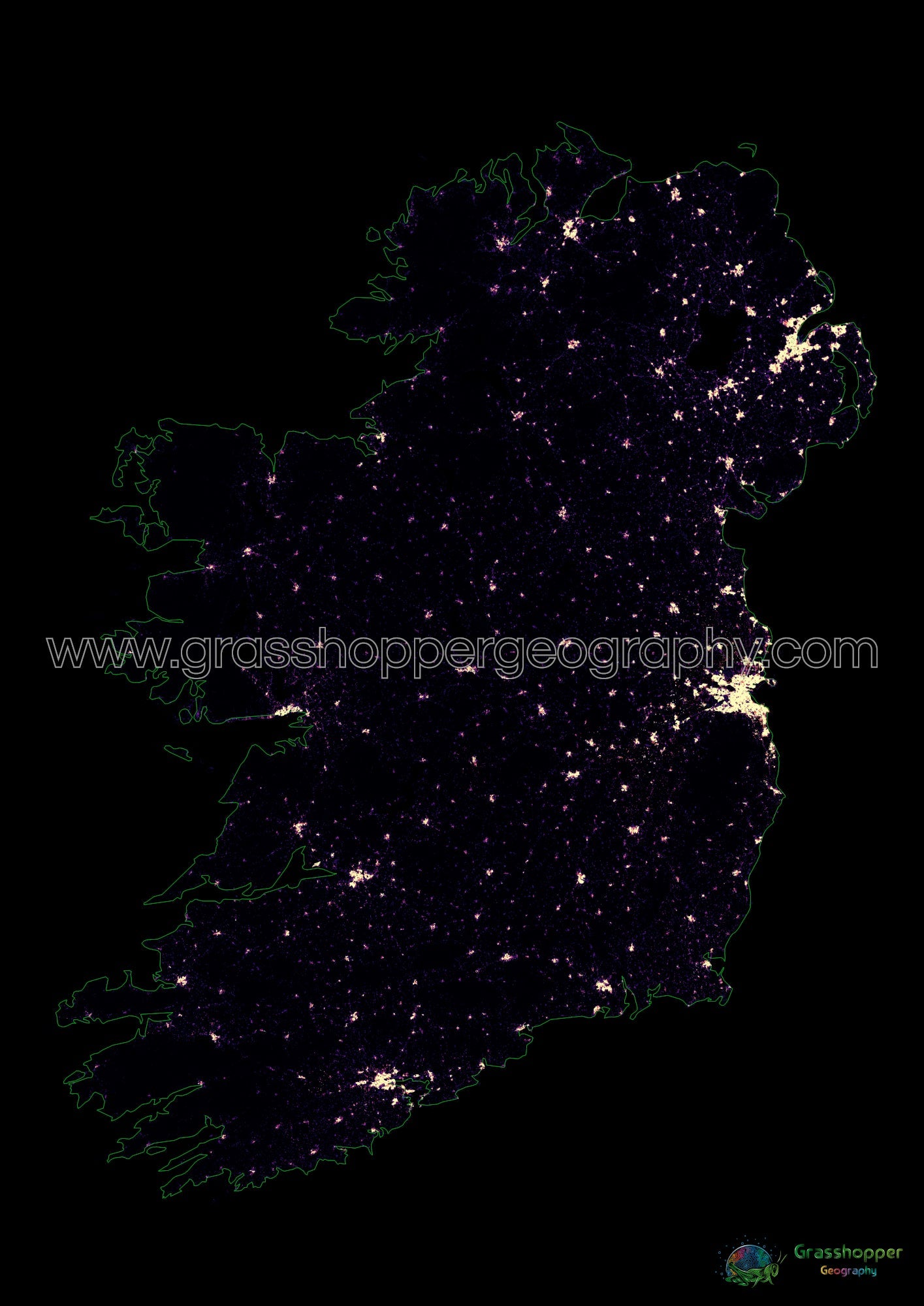 The island of Ireland - Population density heatmap - Fine Art Print ...
