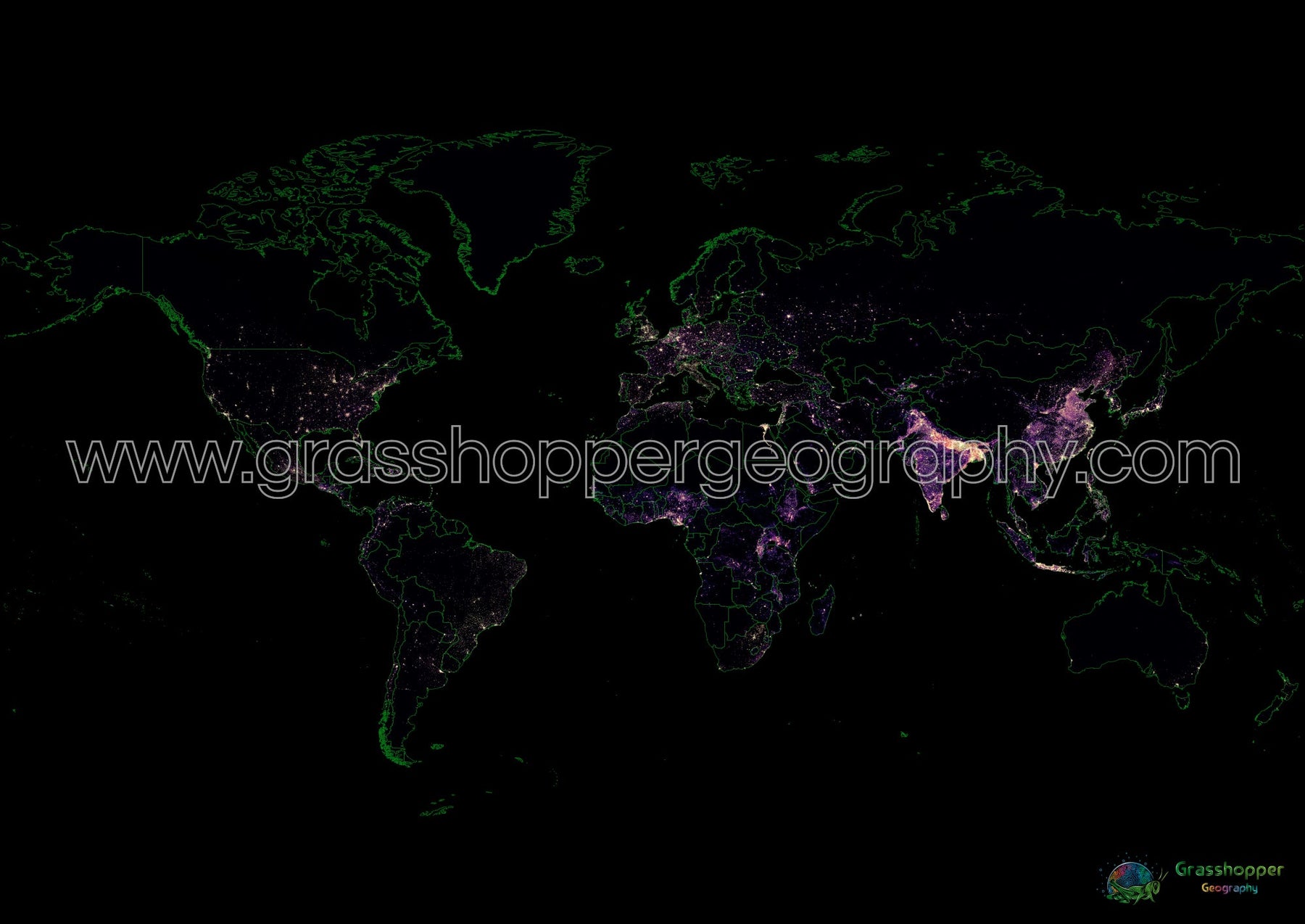 The world - Population density heatmap - Fine Art Print – Grasshopper ...