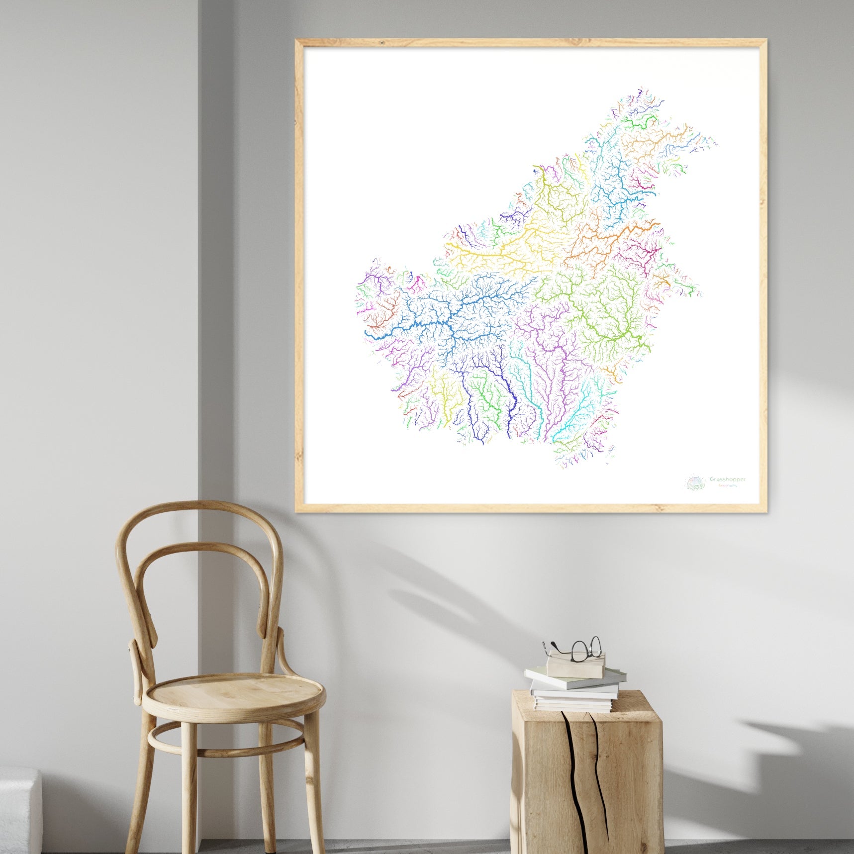 Borneo River Basin Map Rainbow On White Fine Art Print