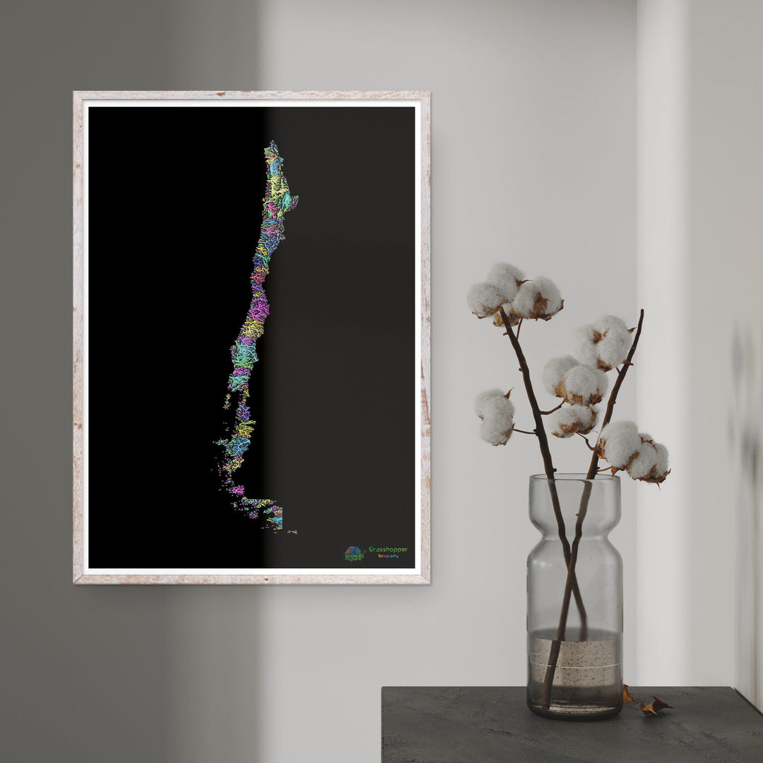 Chile River Basin Map Pastel On Black Fine Art Print Grasshopper