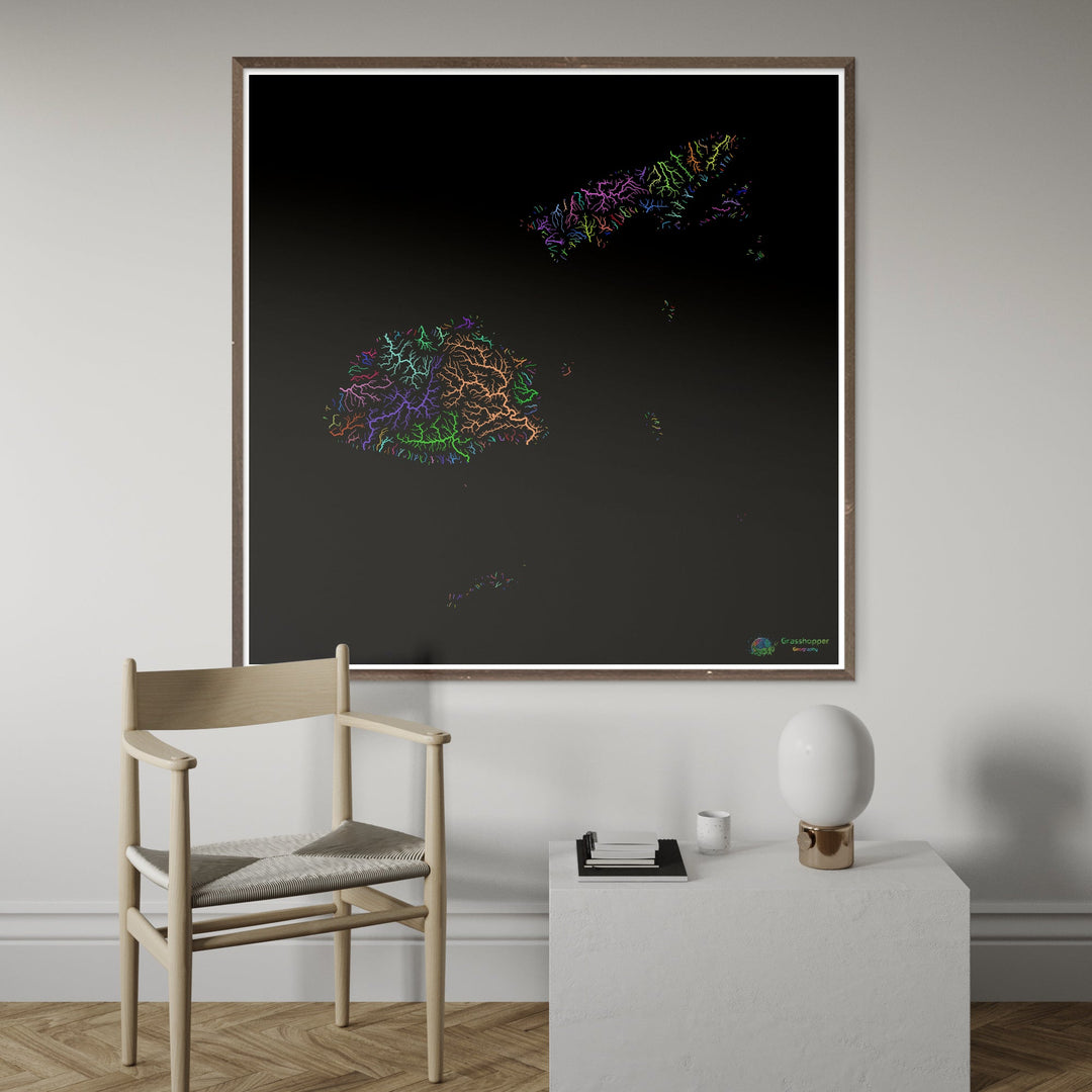 Fiji River Basin Map Rainbow On Black Fine Art Print Grasshopper