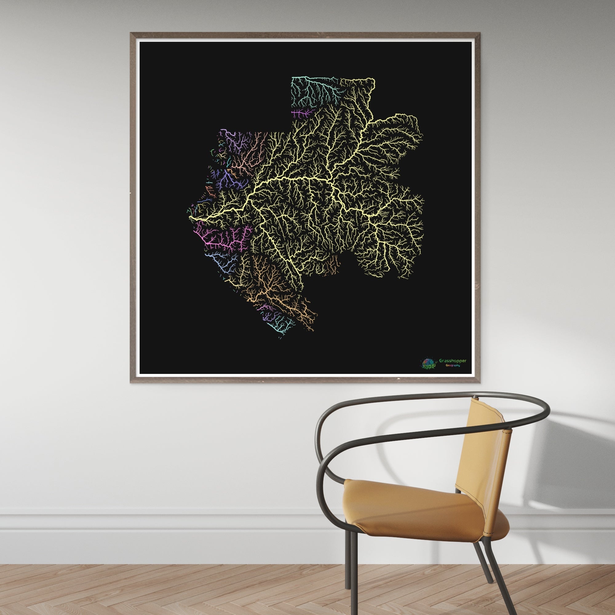 River Basin Map Of Gabon Pastel Colours On Black Fine Art Print
