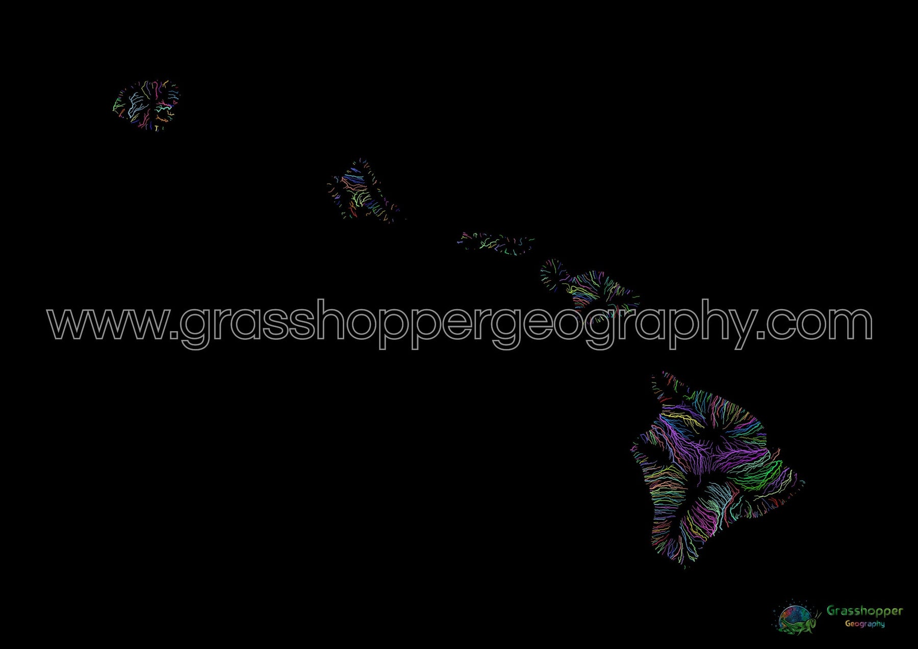 River Basin Map Of Hawaii Rainbow Colours On Black Fine Art Print