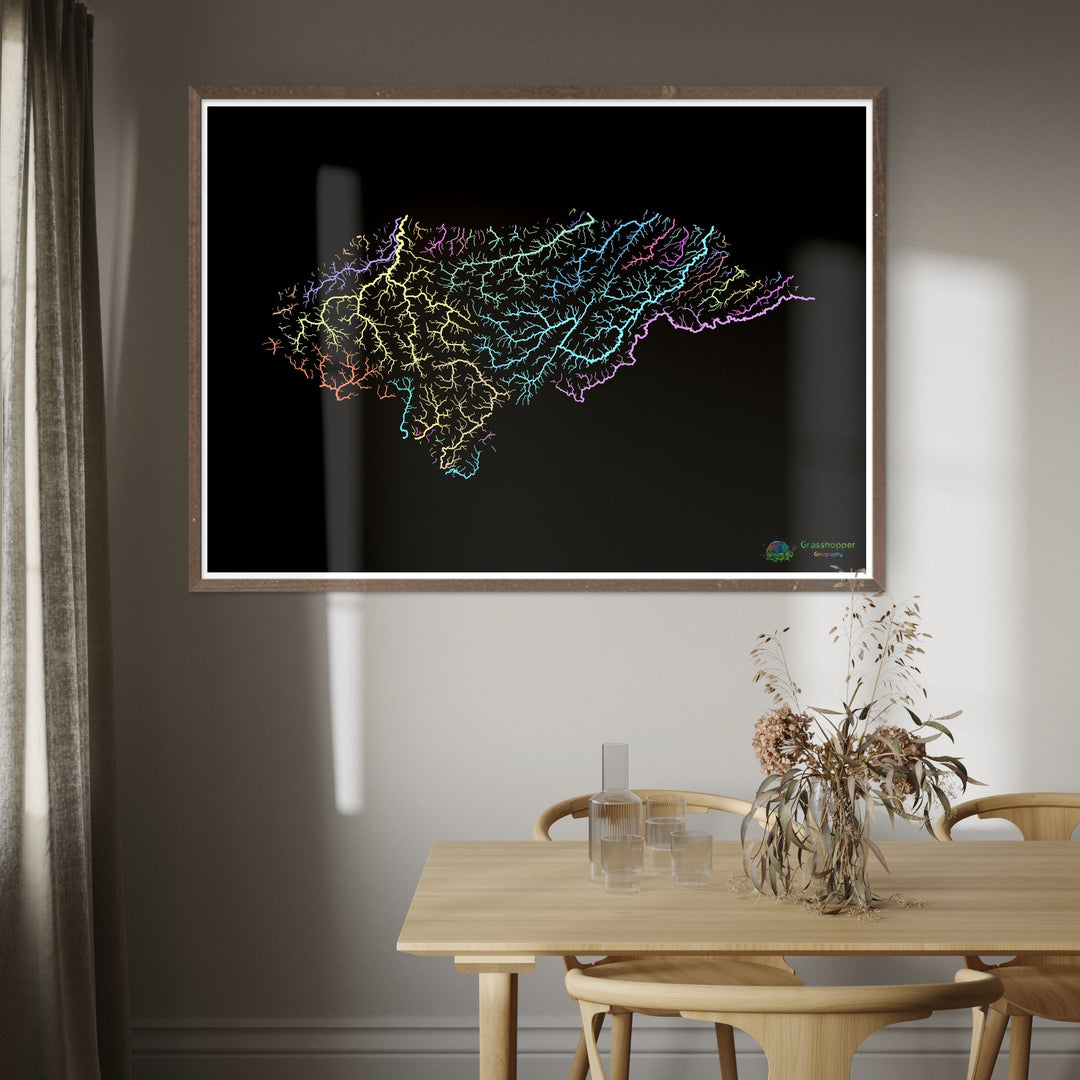 Honduras River Basin Map Pastel On Black Fine Art Print