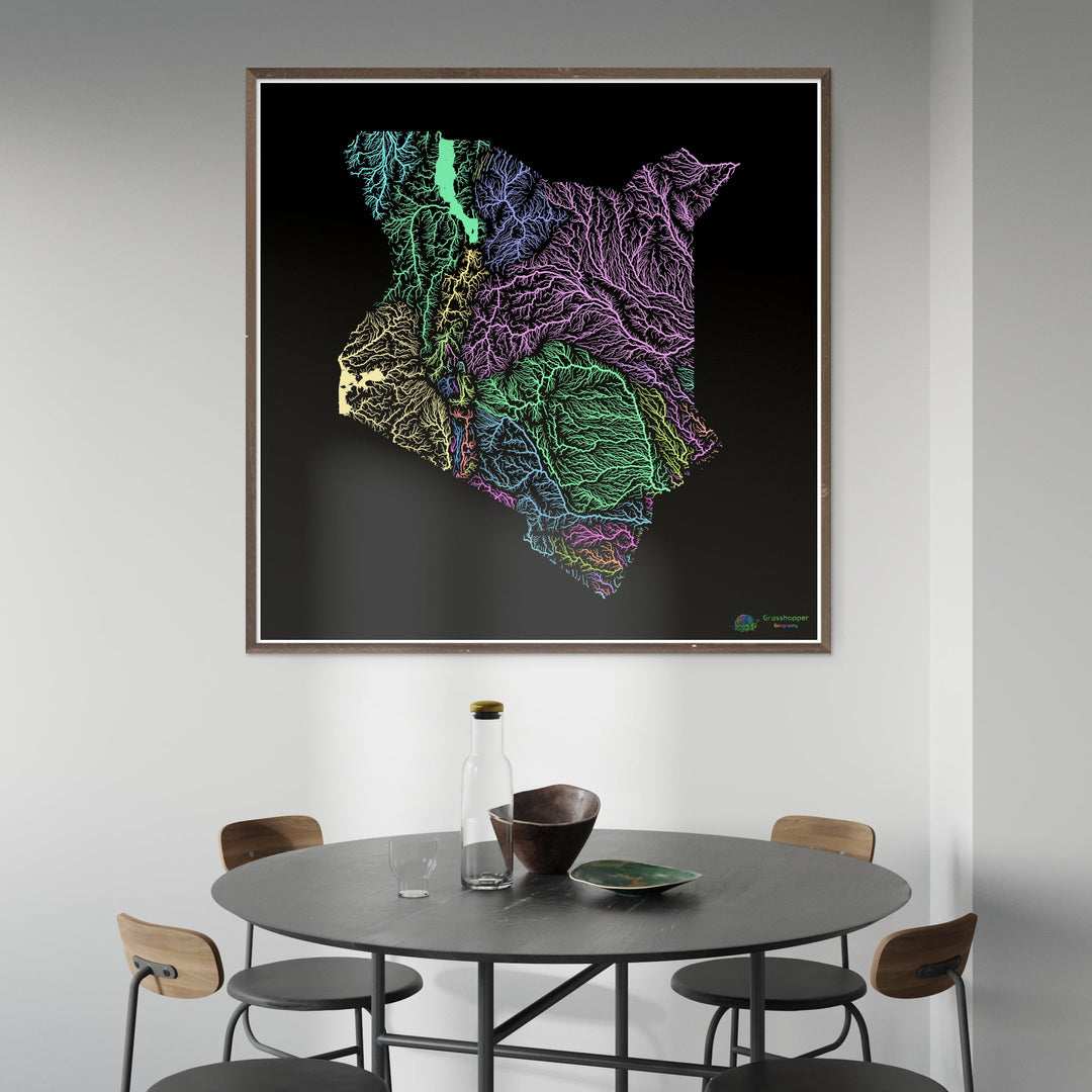 Kenya River Basin Map Pastel On Black Fine Art Print Grasshopper