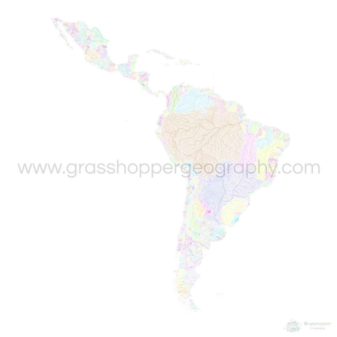 River Basin Map Of Latin America Pastel Colours On White Fine Art P