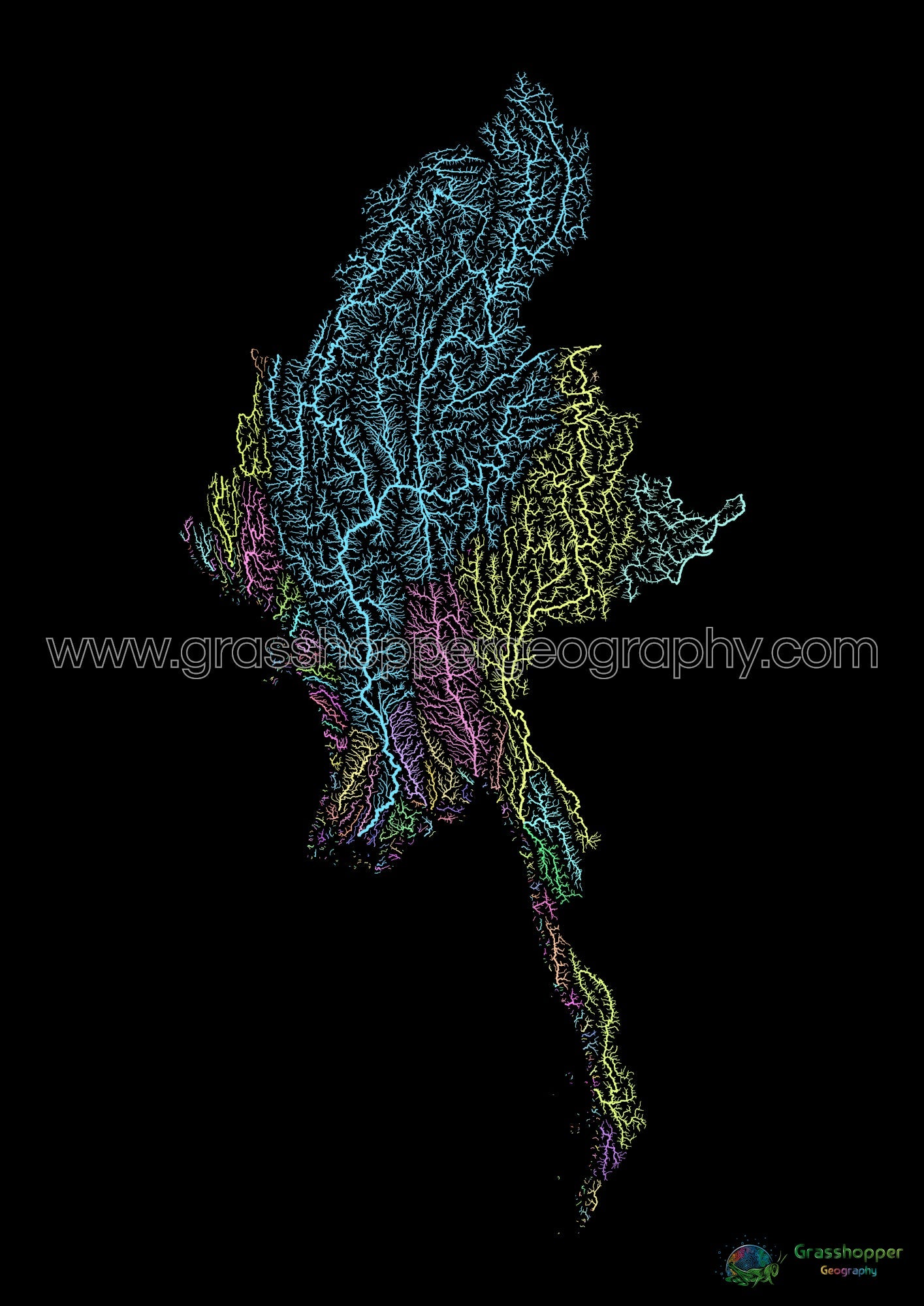River Basin Map Of Myanmar Pastel Colours On Black Fine Art Print
