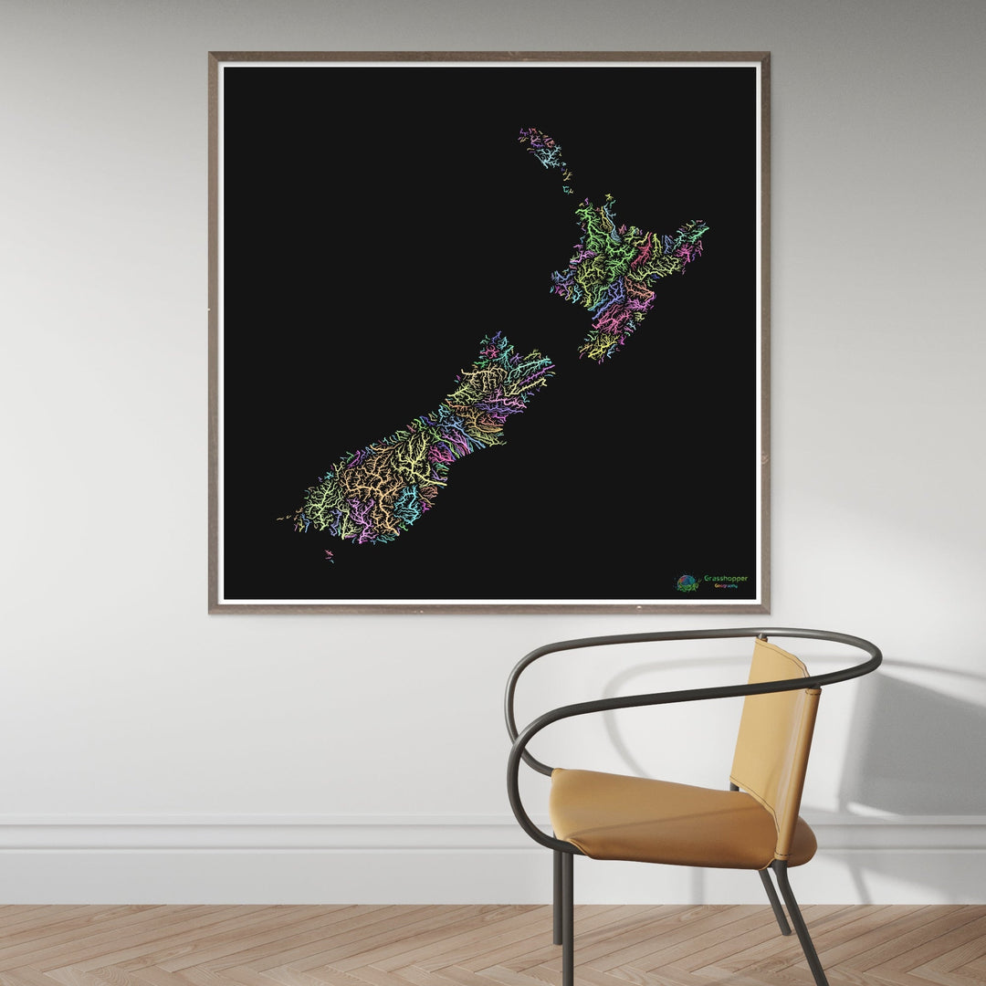 New Zealand River Basin Map Pastel On Black Fine Art Print