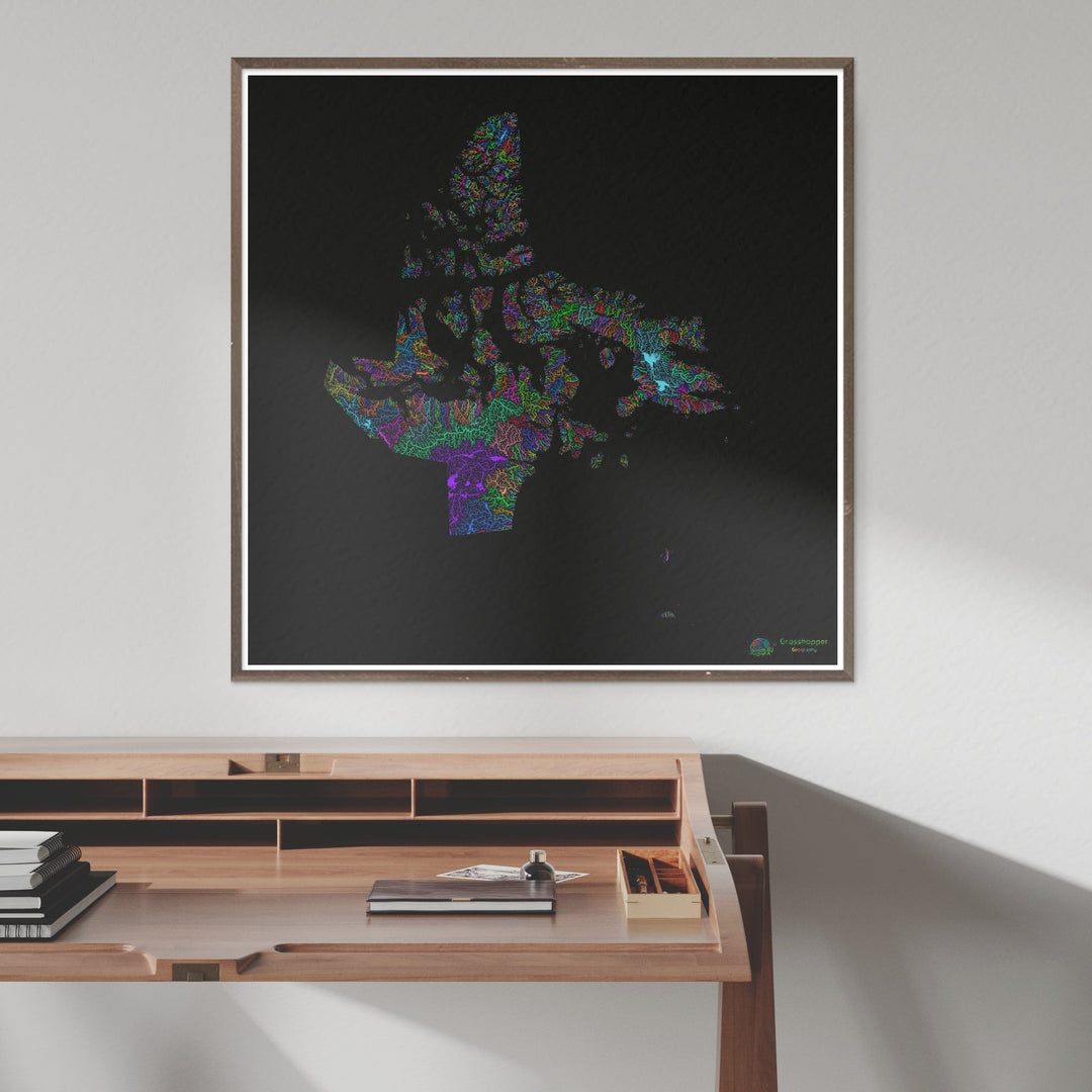 River Basin Map Of Nunavut Rainbow Colours On Black Fine Art Print