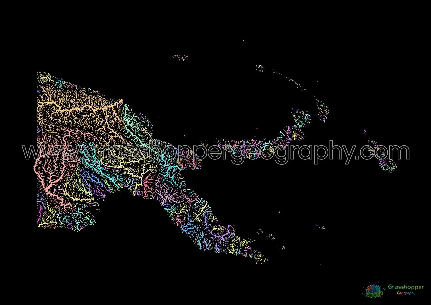 Papua New Guinea River Basin Map Pastel On Black Fine Art Print