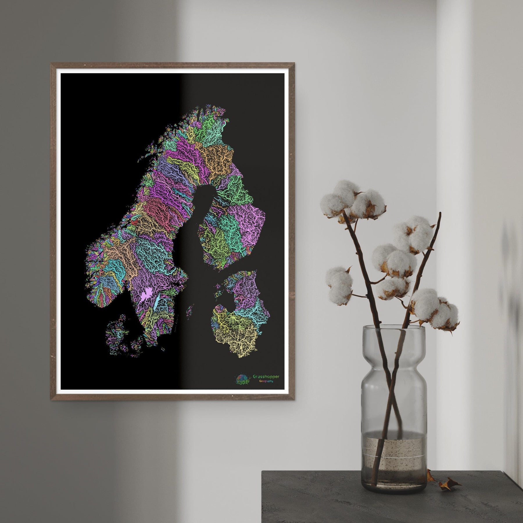 Scandinavia River Basin Map Pastel On Black Fine Art Print