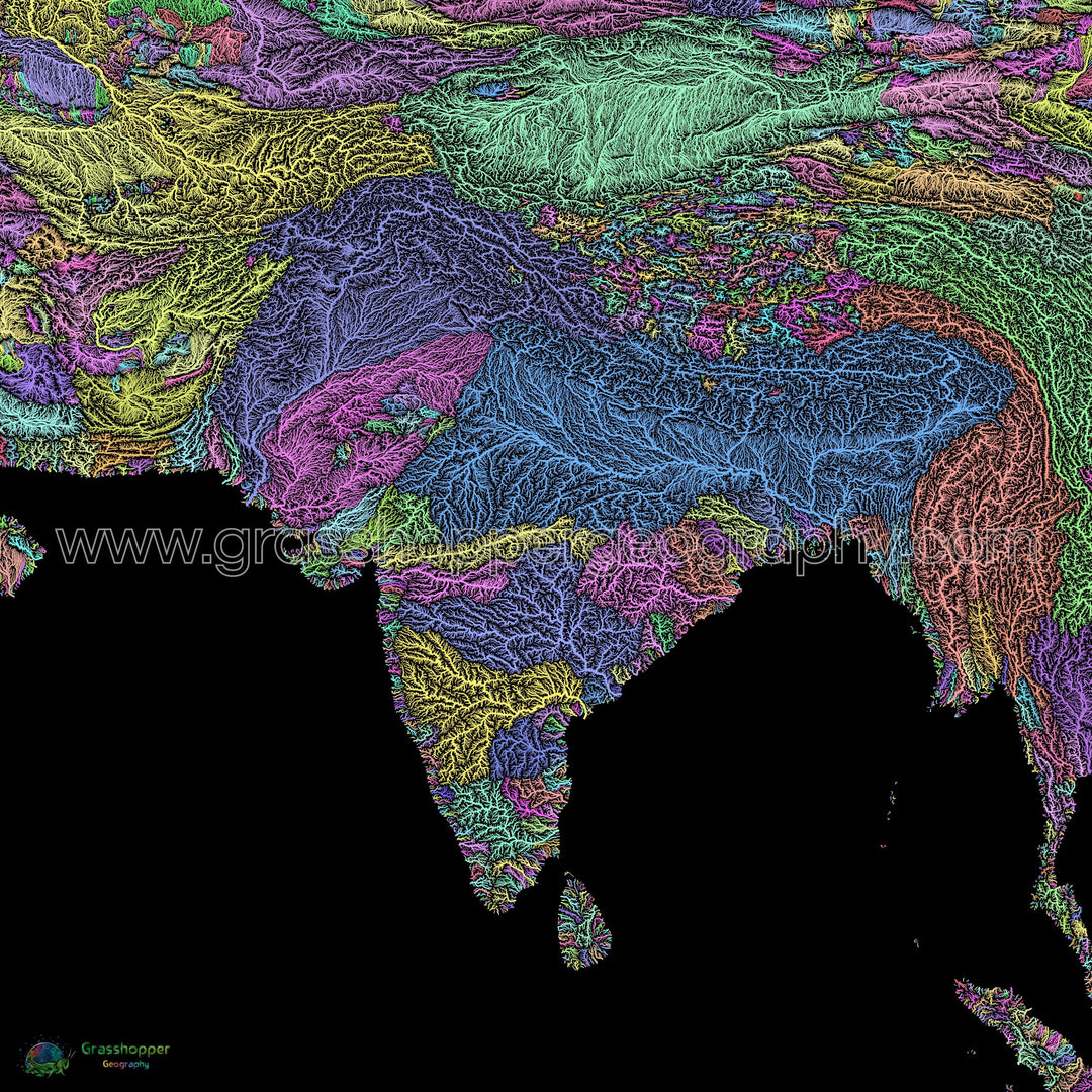 South Asia River Basin Map Pastel On Black Fine Art Print