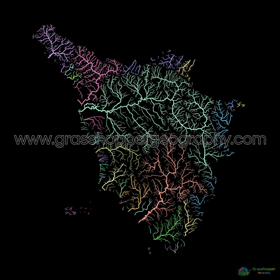 Tuscany River Basin Map Pastel On Black Fine Art Print