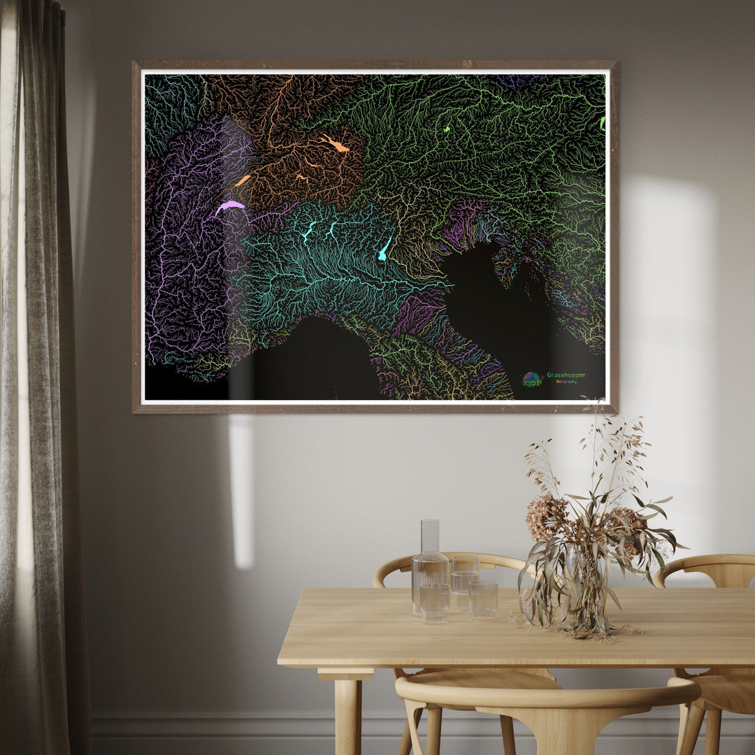 The Alps River Basin Map Pastel On Black Fine Art Print